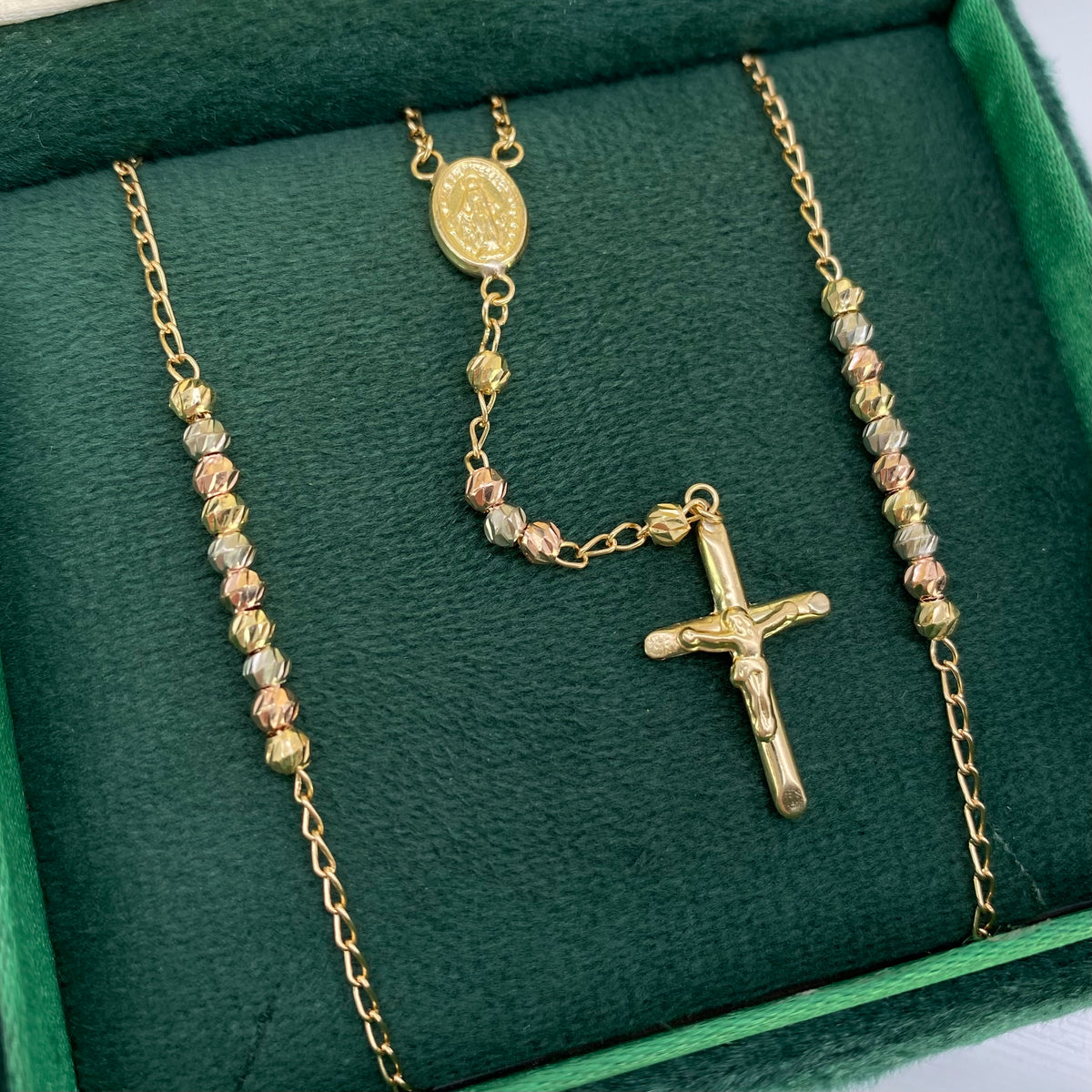 Rosario Cruz Lisa / Virgen Milagrosa Balines Diamantados Tres oros 18k ...